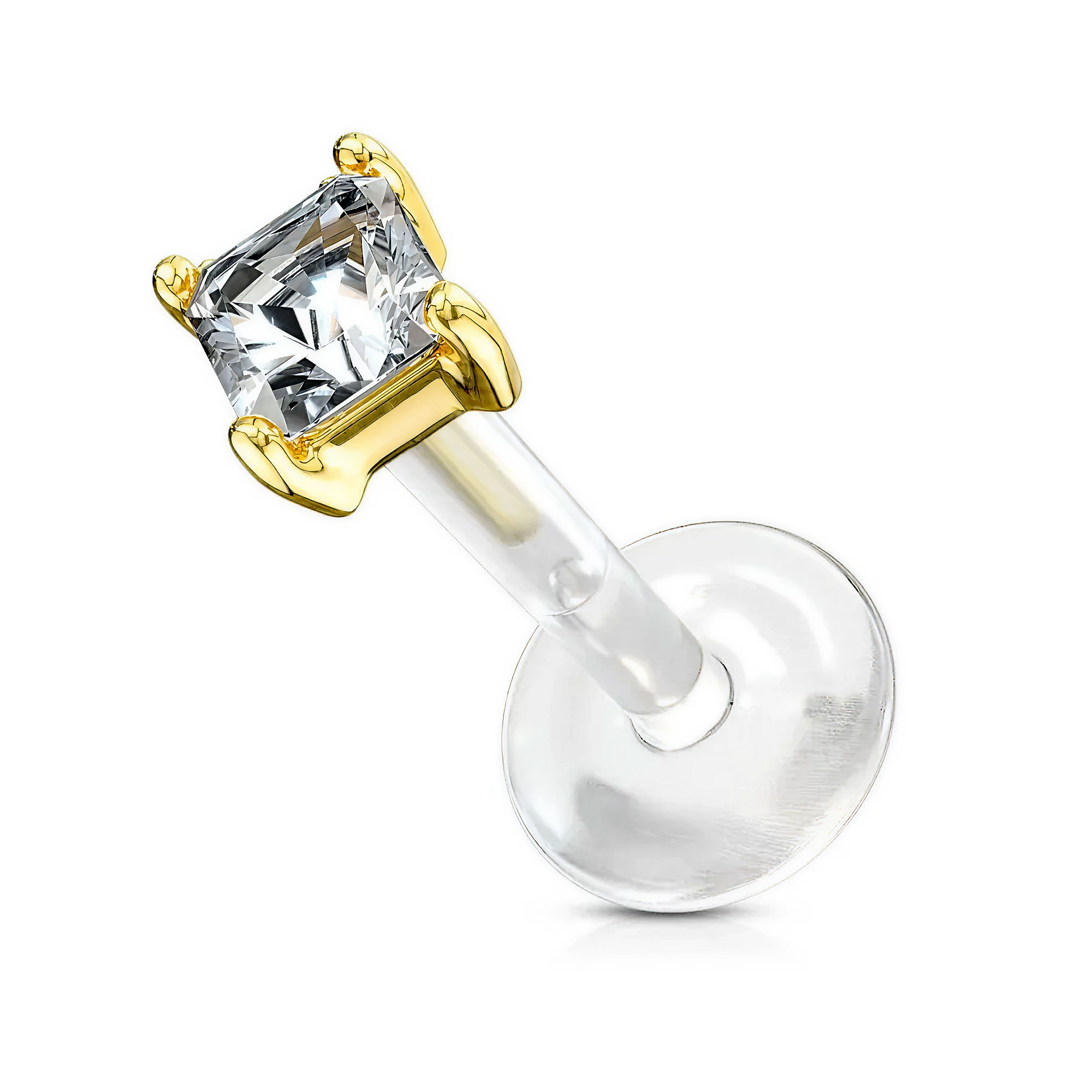 Labret in Bioplast and 18-karat yellow gold with a claw-set square zircon