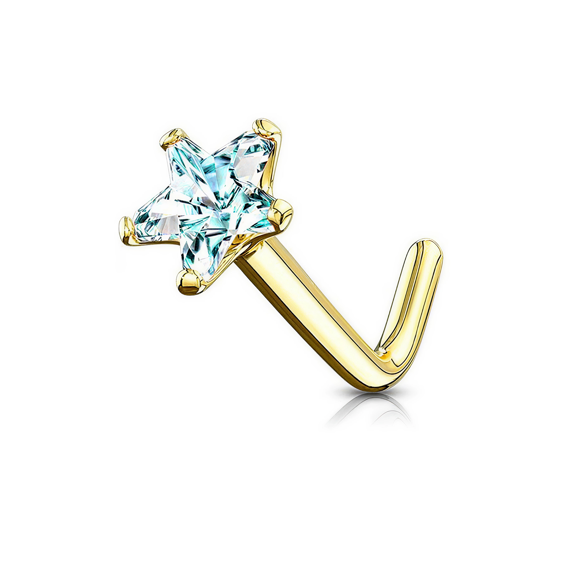 Piercing de Nez Stud Nose Coudé en Or Jaune 18 Carats avec Zirconium Bleue en Forme d’Étoile