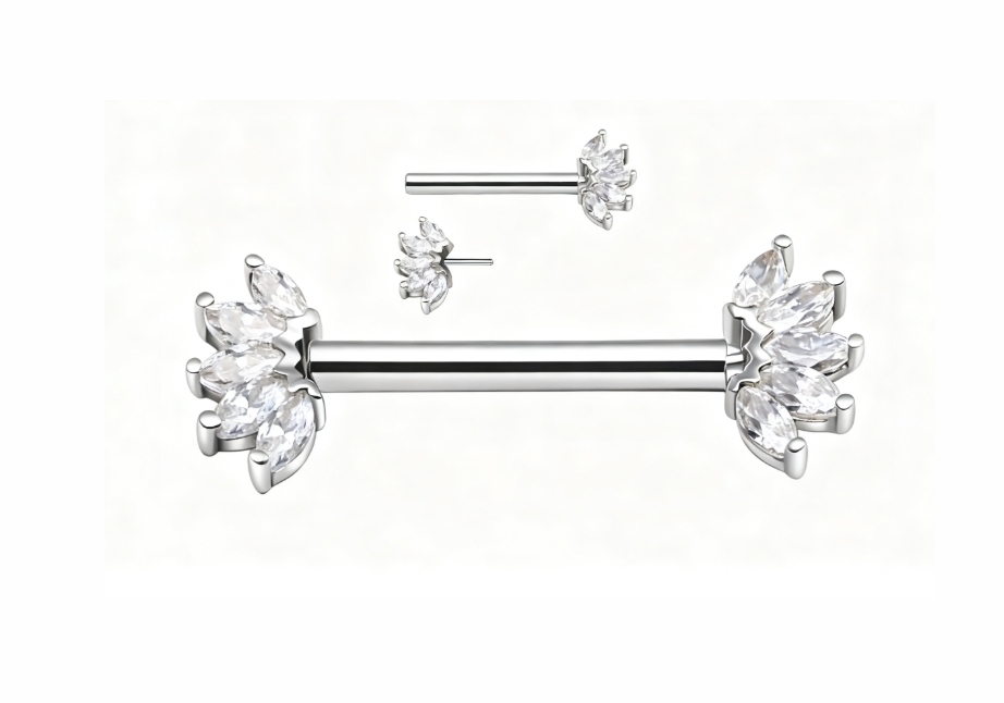 Treadless Nipple Piercing, Gold and White Zircons